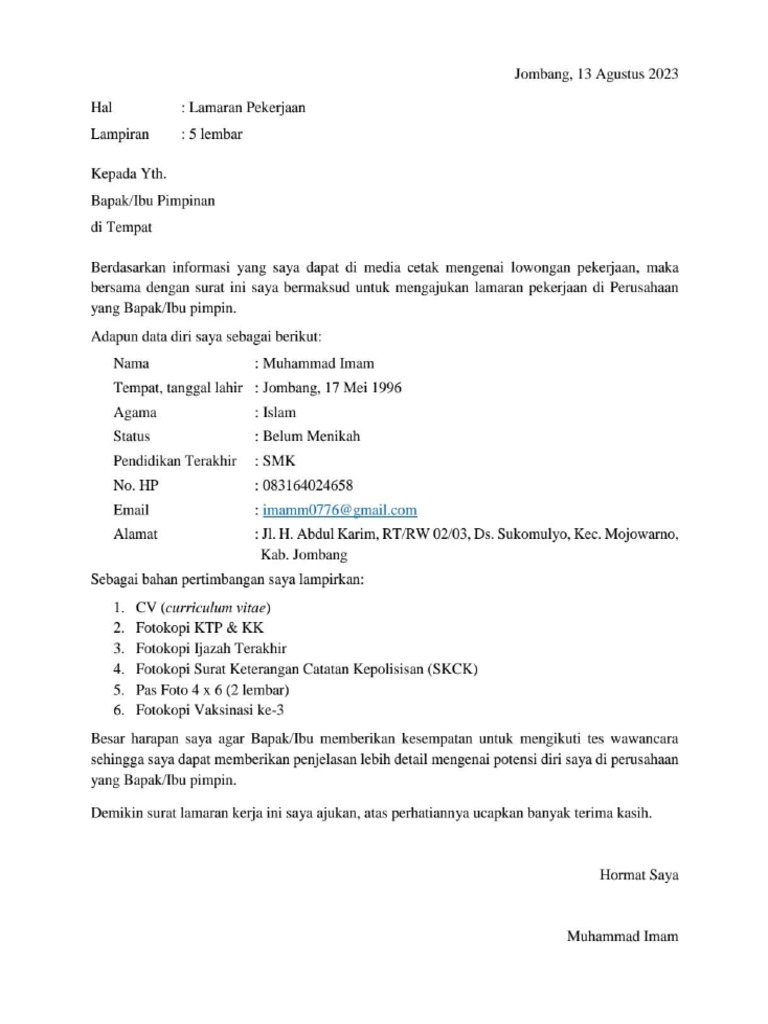 Surat Lamaran Pekerjaan Imam 1 | PDF
