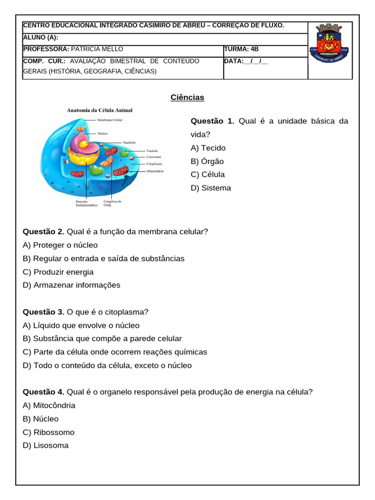 Avaliação Bimestral: Ciências, História e Geografia | PDF | Célula ...