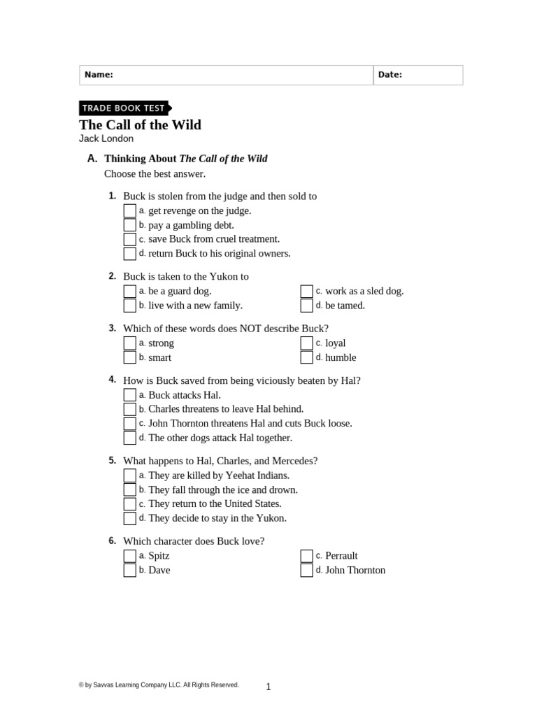 Call of the Wild Test Questions | PDF | The Call Of The Wild | Dogs