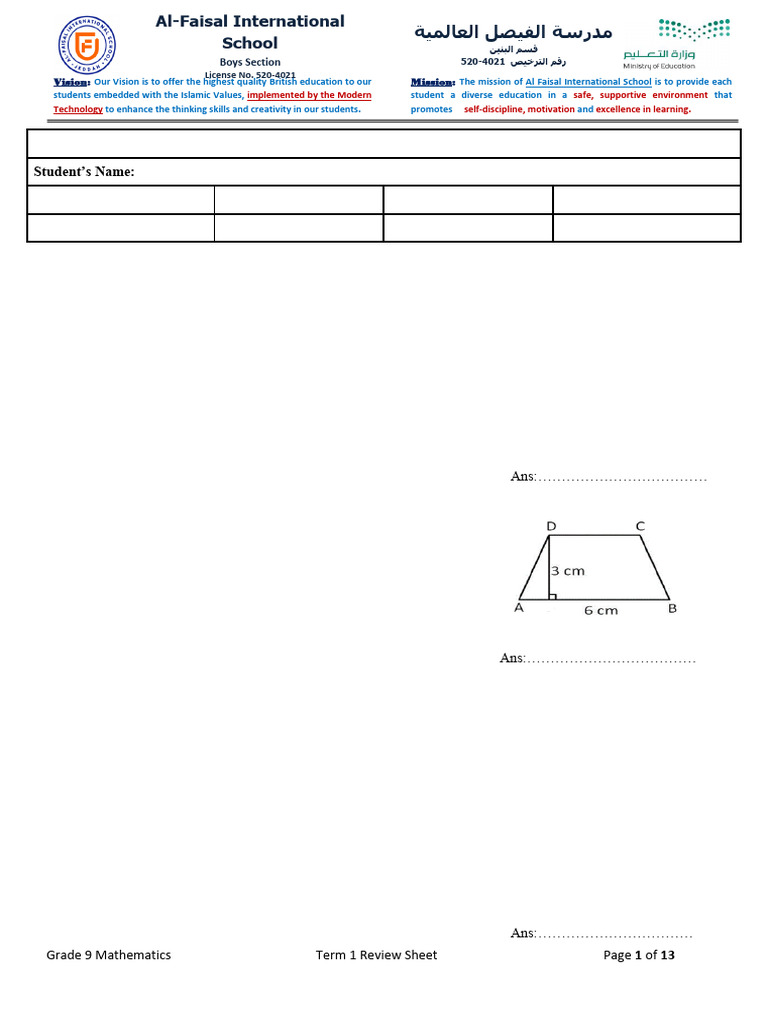 G9 Math T1 Review Sheet | PDF | Circle | Area