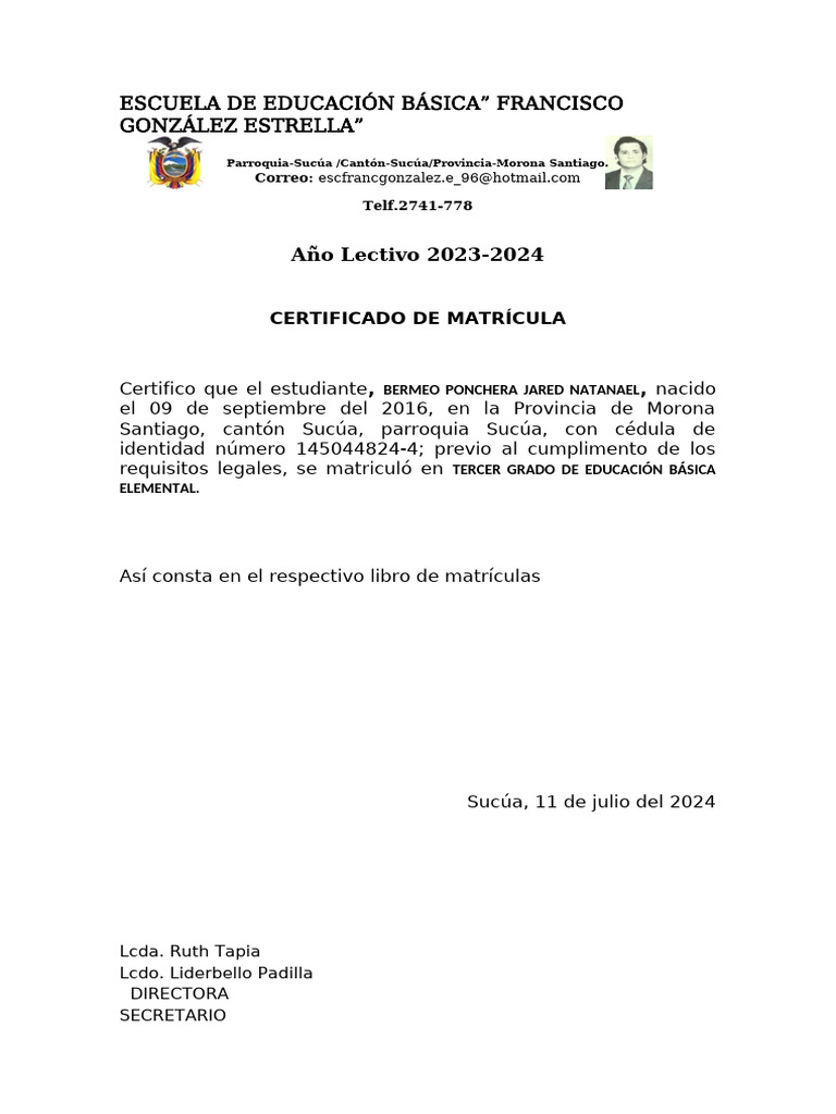 Certificados de Matrícula 2023-2024 | PDF | Educación primaria ...