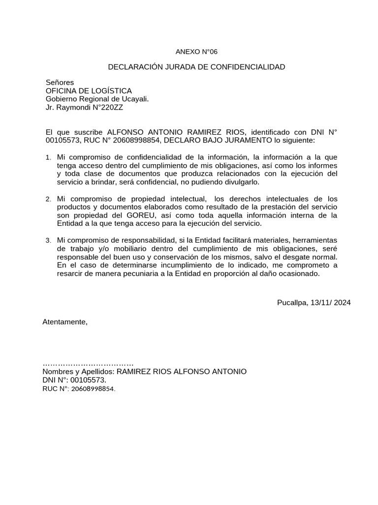 Anexo 6 Confidencialidad - Ramirez Chavez | PDF