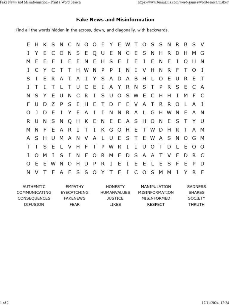 Fake News and Misinformation - Print A Word Search | PDF | Mass Media ...