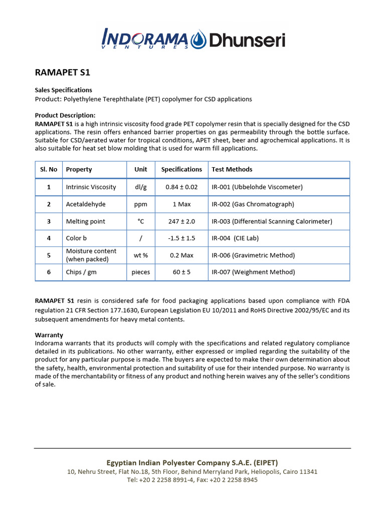 RAMAPET S1 PET Resin Specifications | PDF