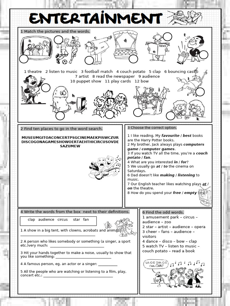 Entertainment Vocabulary Exercises Games Oneonone Activities Picture ...