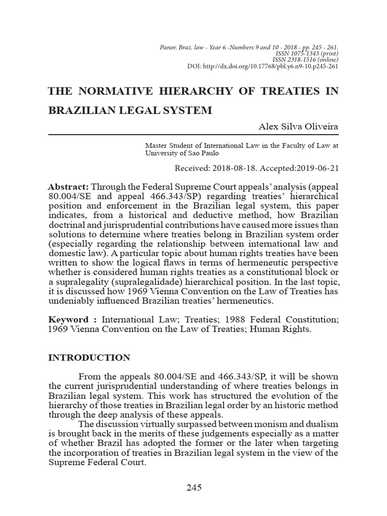 SILVA OLIVEIRA, Alex. The Normative Hierarchy of Treaties in Brazilian ...
