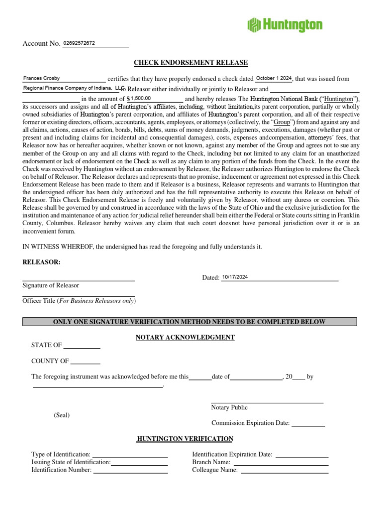 Check Endorsement Release Form | PDF | Damages | Private Law