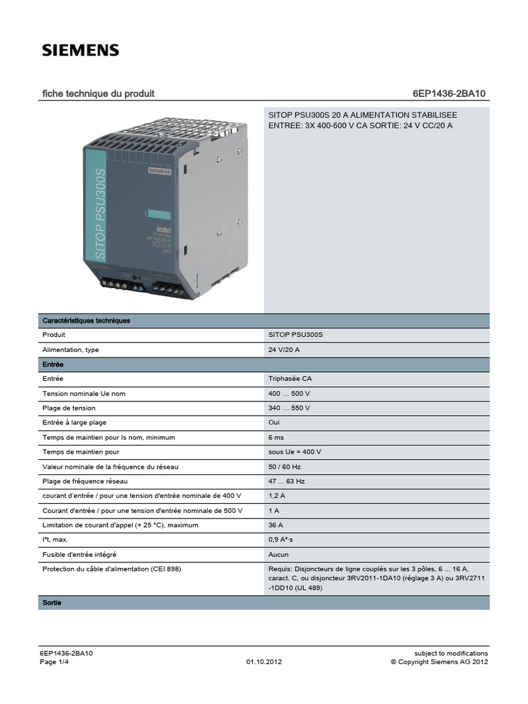 Datasheet 513280 Siemens Sitop Psu300s 24 v20 A Rail Mounted Psu Din 24 ...