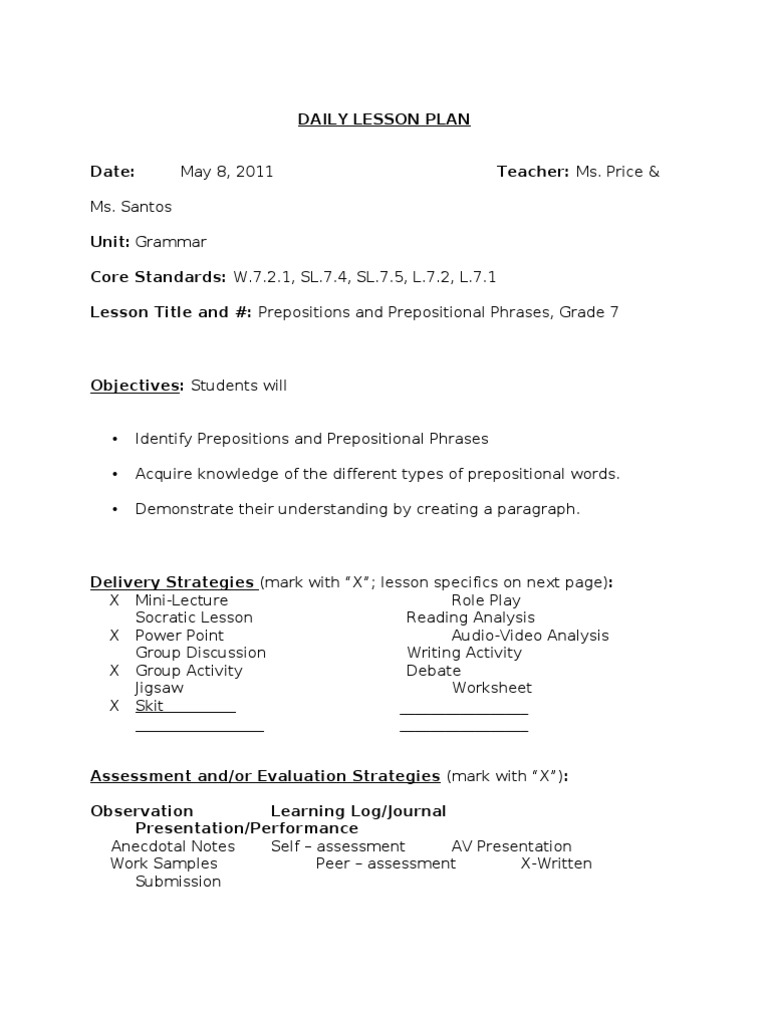 Prepositions and Prepositional Phrases | PDF | Educational Assessment ...