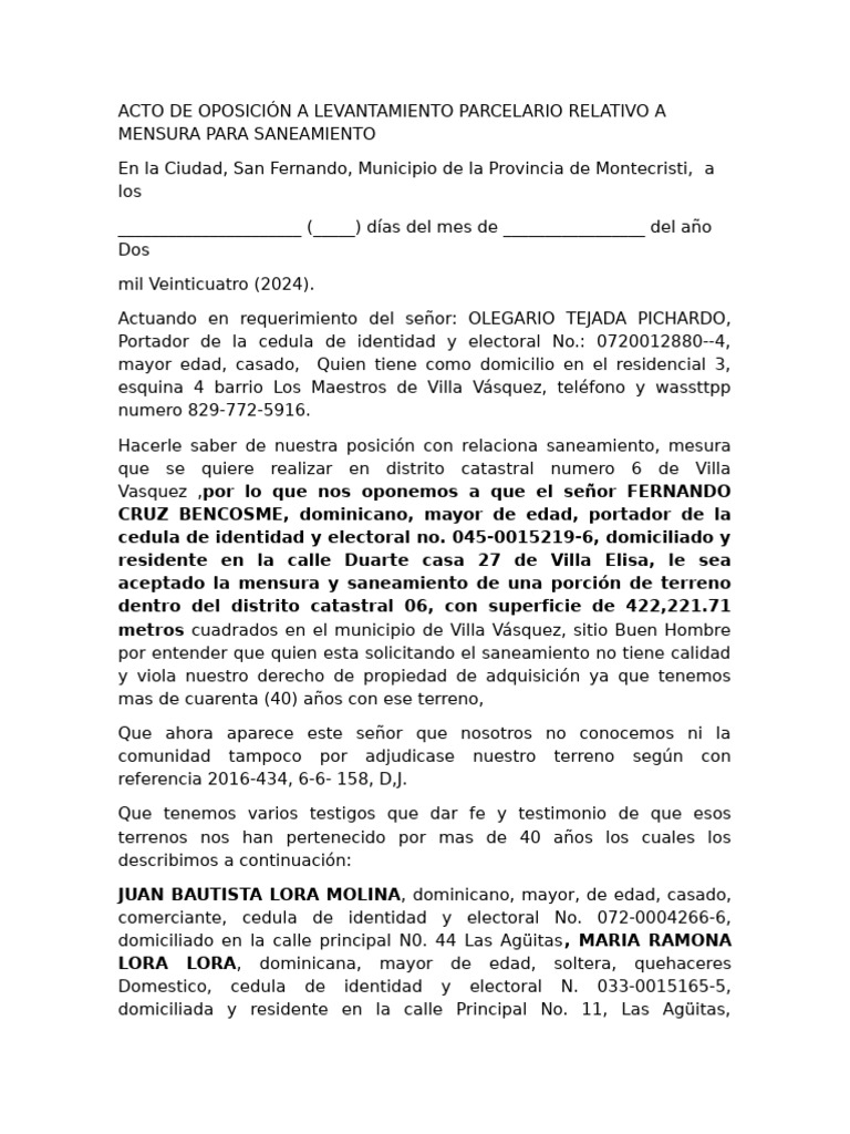 Oposición a Saneamiento Parcelario | PDF | República Dominicana