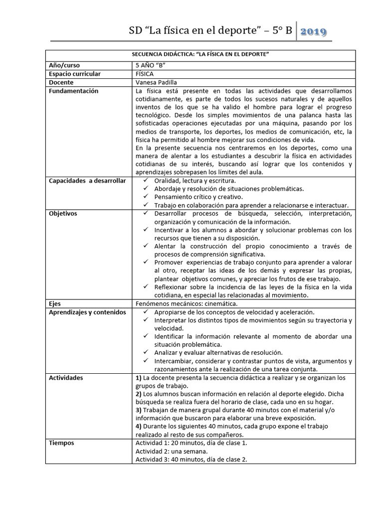 Física Aplicada al Deporte en 5° B | PDF | Aprendizaje | Física
