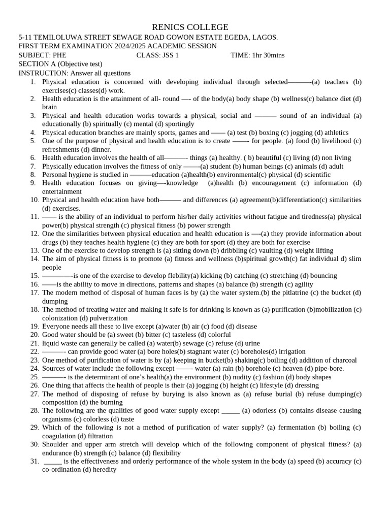 First Term Phe Questions | PDF | Physical Fitness | Water