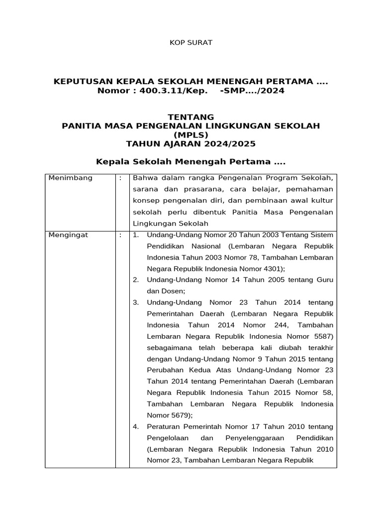 Keputusan Panitia MPLS SMP 2024/2025 | PDF