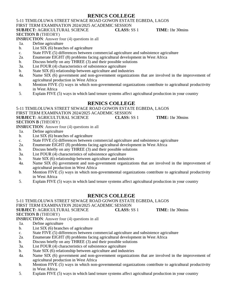First Term Agric Science Exam Questions 1-3 | PDF | Fertilizer | Soil