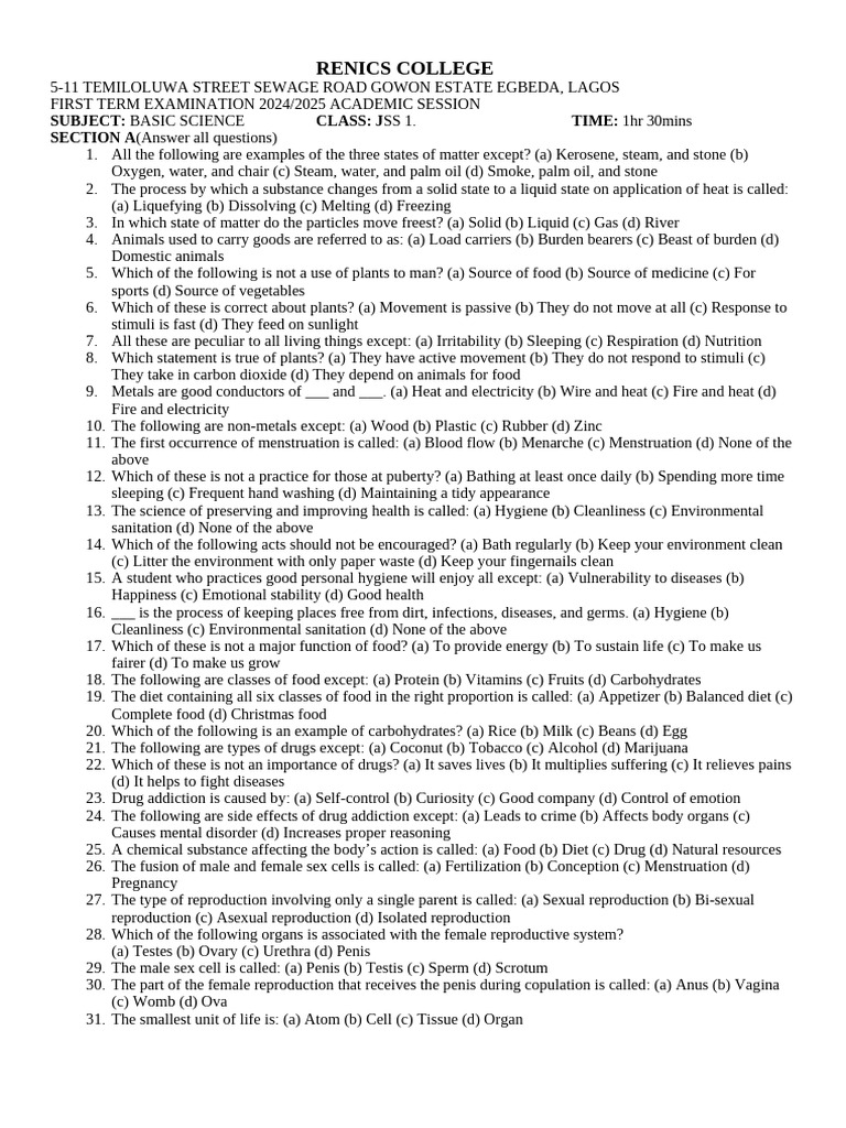 First Term Basic Science Exam Questions (Jss1 and Jss3) | PDF | Earth ...