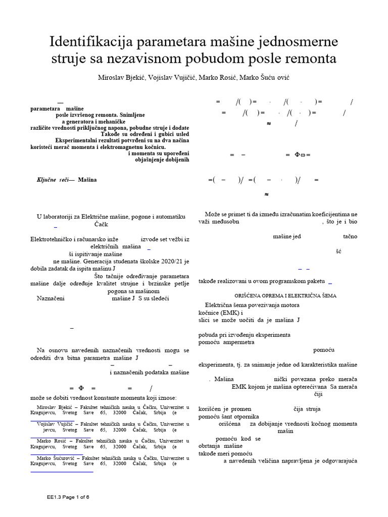 Identifikacija Parametara Mašine Jednosmerne Struje Sa Nezavisnom Pobudom Posle Remonta | PDF