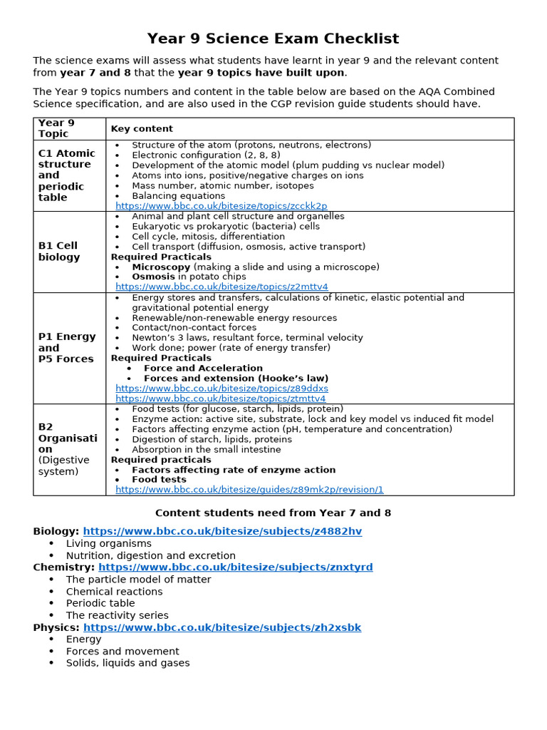 Y9 Exam - Science 2024 | PDF | Force | Atoms