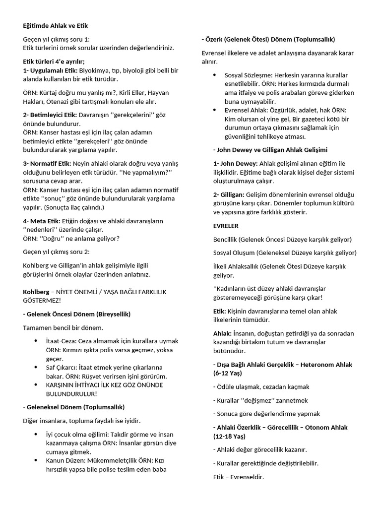 Öğretim Ahlak Ve Etik Vize Notu | PDF