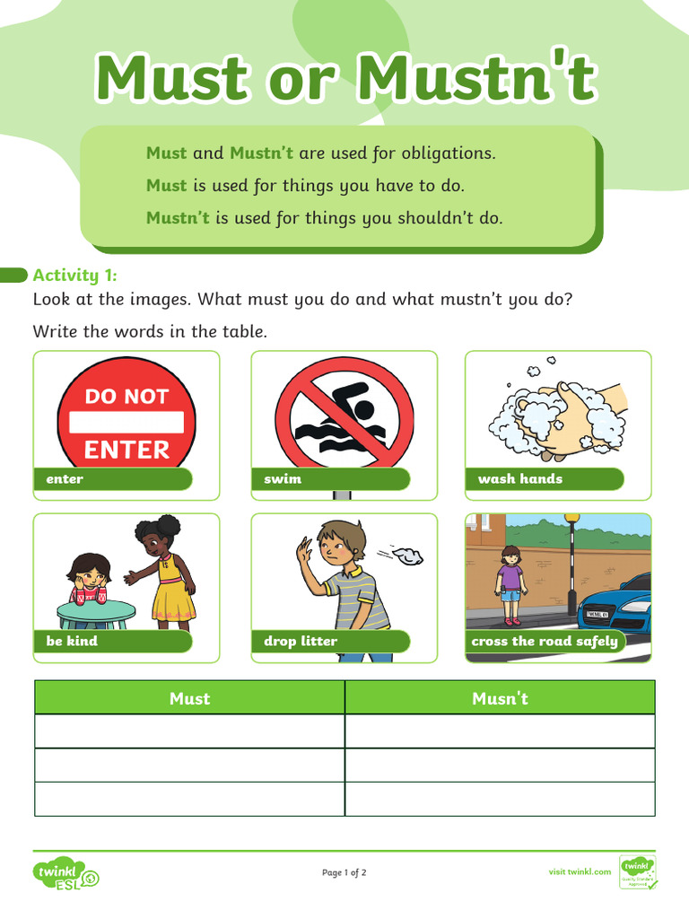 T 1717622108 Esl Must Mustnt Worksheet Kids A1 A2 - Ver - 2 | PDF ...
