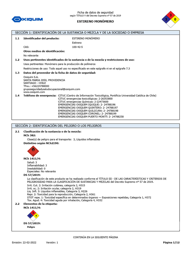 Estireno: Ficha de Seguridad y Peligros | PDF | Residuos