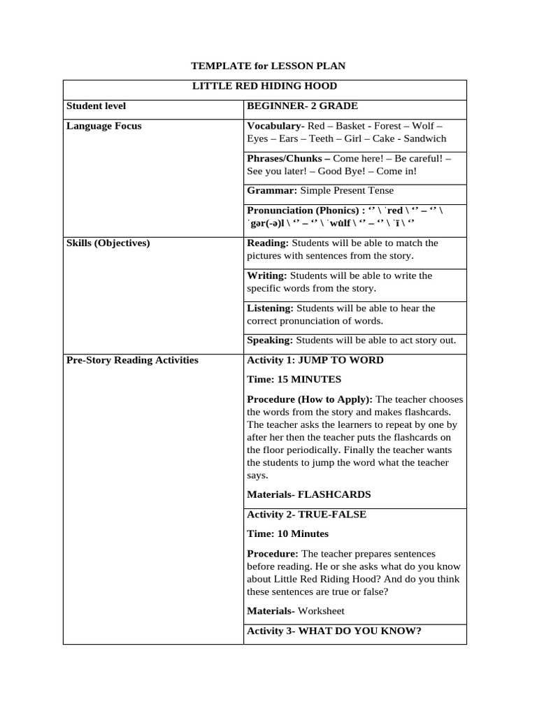 Beginner Lesson Plan: Little Red Riding Hood | PDF | Cognitive Science ...