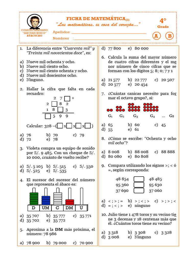 Ficha de Matematica 4° 2 | PDF