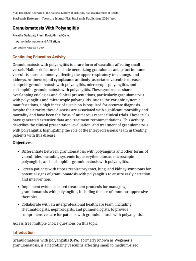 Granulomatosis With Polyangiitis - StatPearls - NCBI Bookshelf | PDF ...