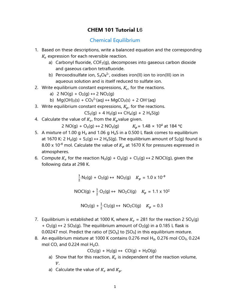 CHEM 101 Tutorial L6 | PDF | Chemical Equilibrium | Chemical Reactions
