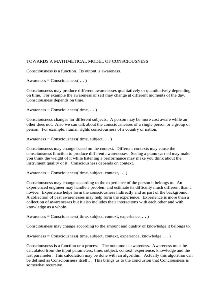 2010 Nov Model of Consciousness | PDF | Experience | Consciousness