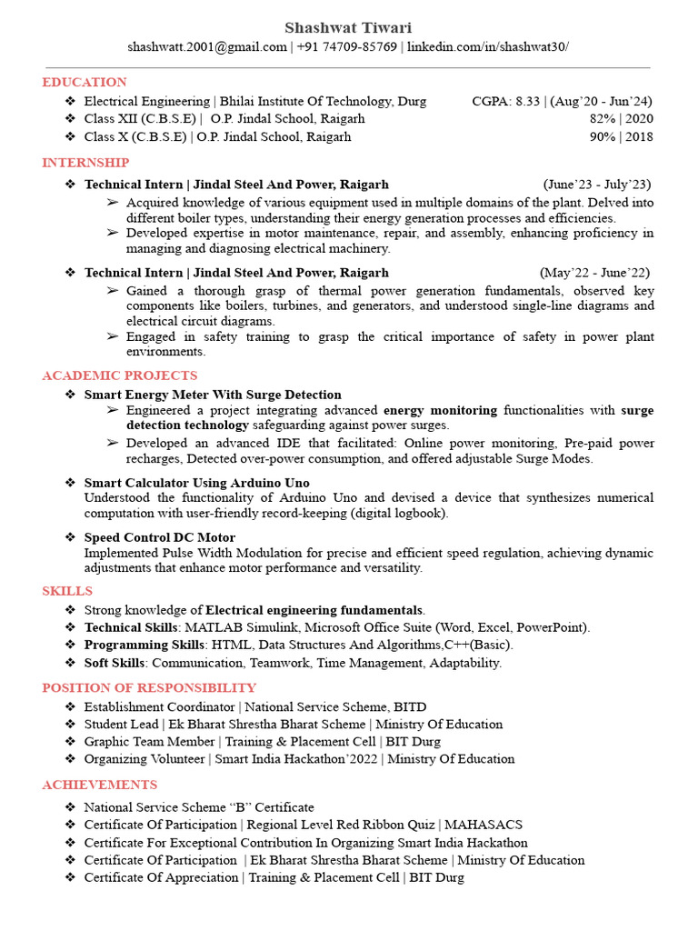 Shashwat Resume | PDF | Electrical Engineering | Computer Engineering
