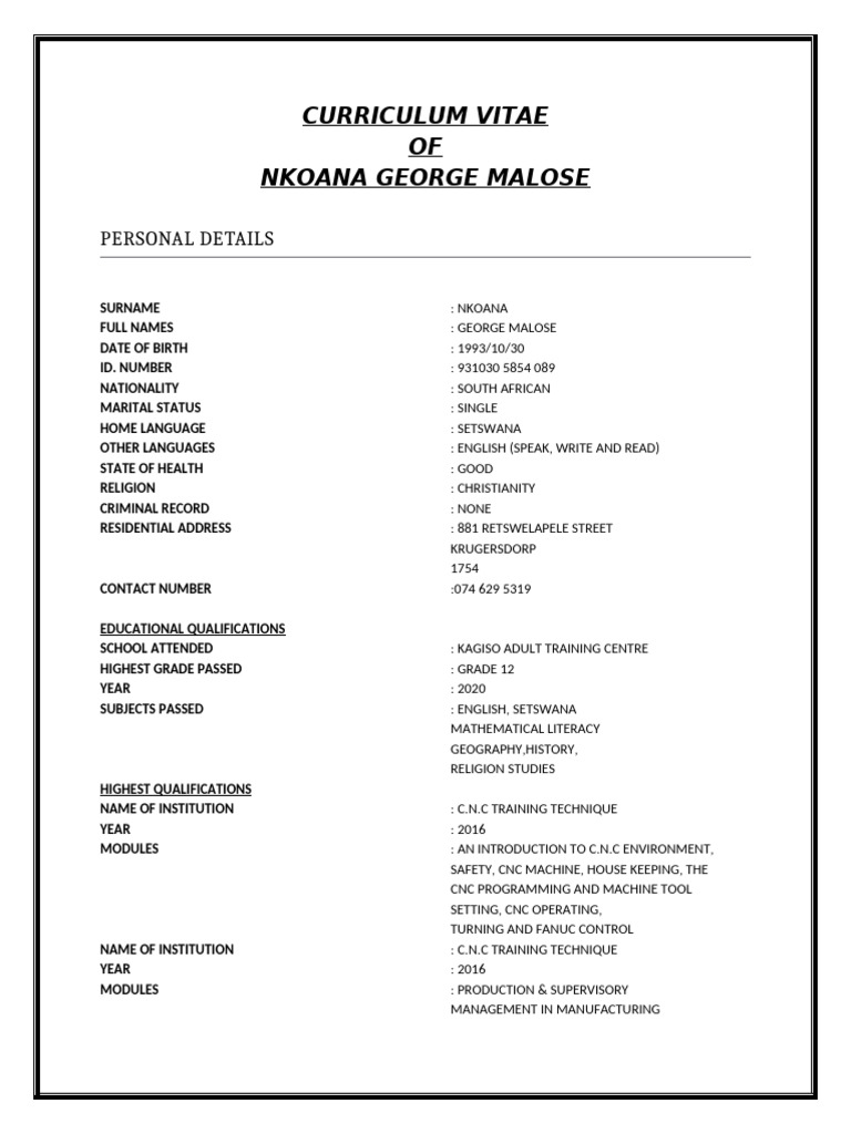 Curriculum Vitae George (1) Malose | PDF | Behavior Modification | Cognition
