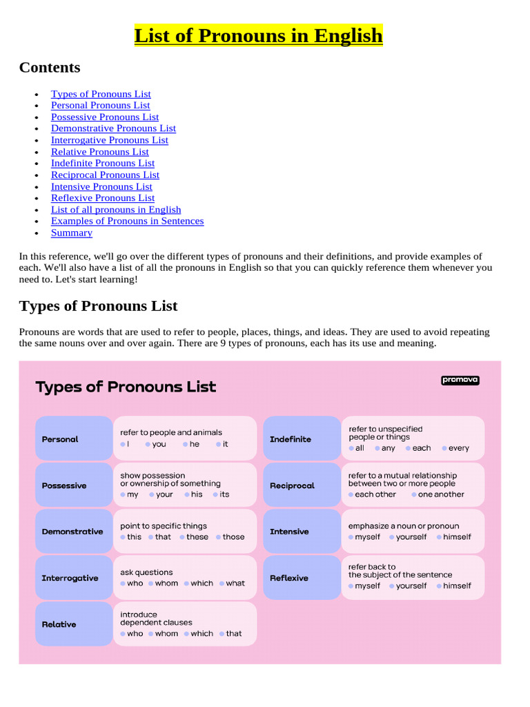 Comprehensive English Pronouns List | PDF | Pronoun | Grammatical Number