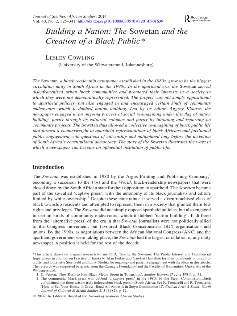 Building A Nation The Sowetan | PDF | Apartheid | African National Congress