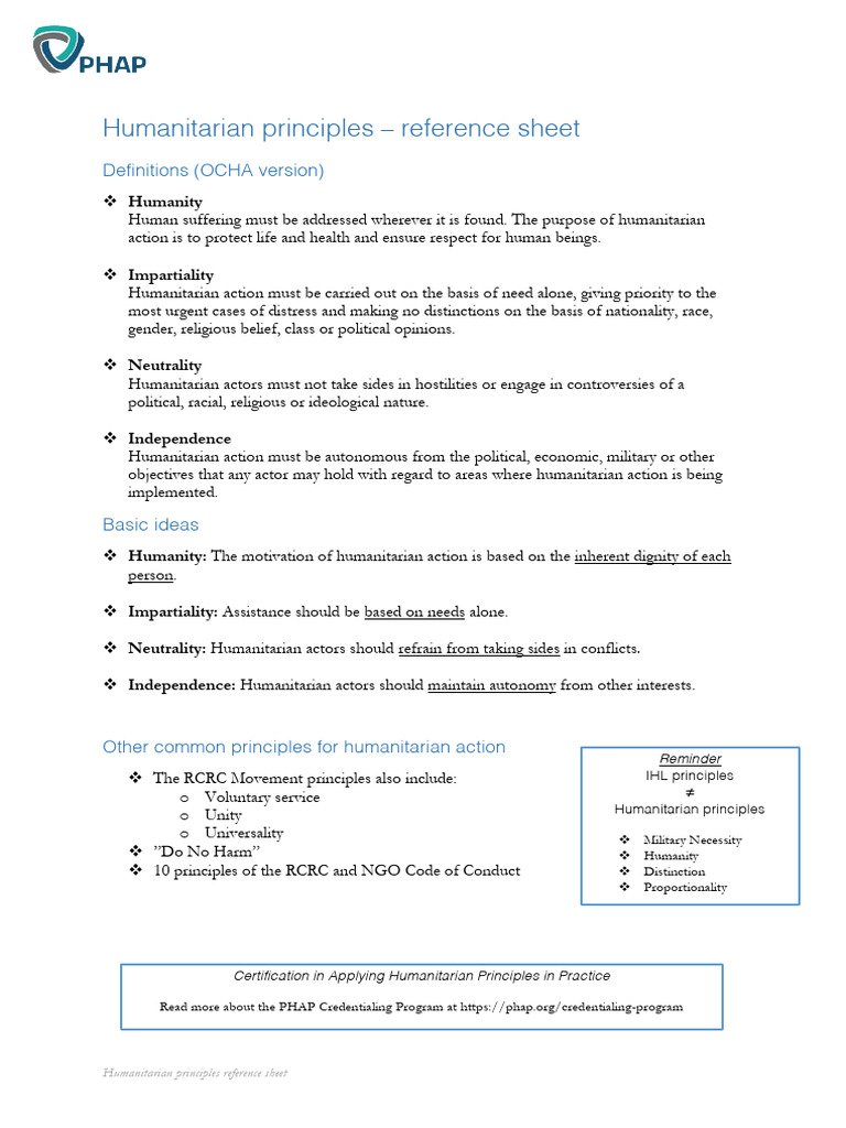 Humanitarian Principles - Reference Sheet | PDF | Humanitarian Aid ...