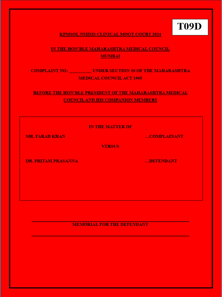 t09 Defendant Memorial | PDF | Medical Diagnosis | Consent