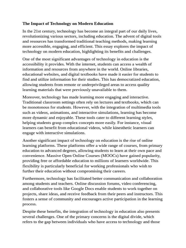 Essay Impact of Technology | PDF | Educational Technology | Learning