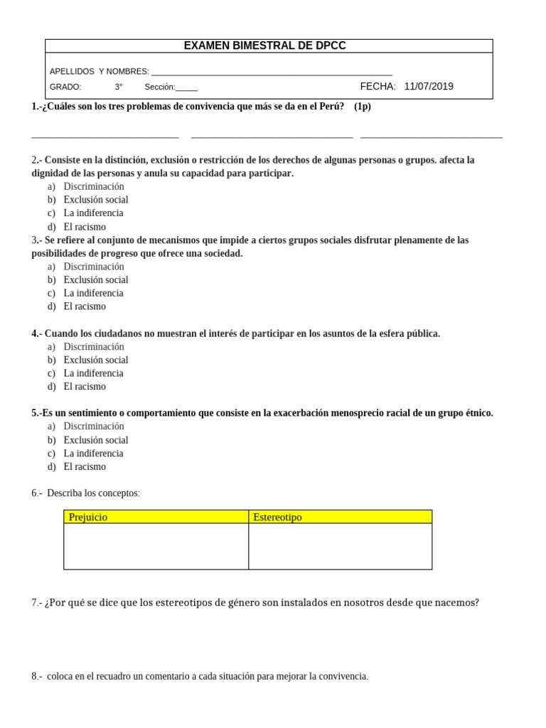 Examen Bimestral de DPCC 3 Sec | PDF
