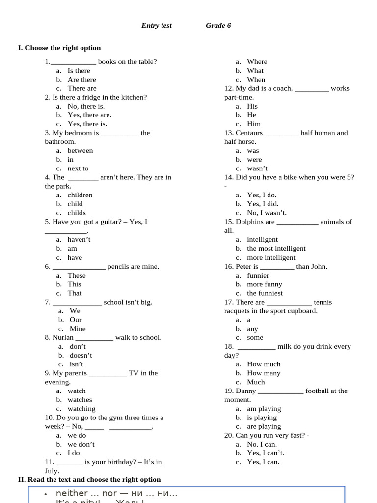 Entry Test Grade 6 2023-1-1 | PDF