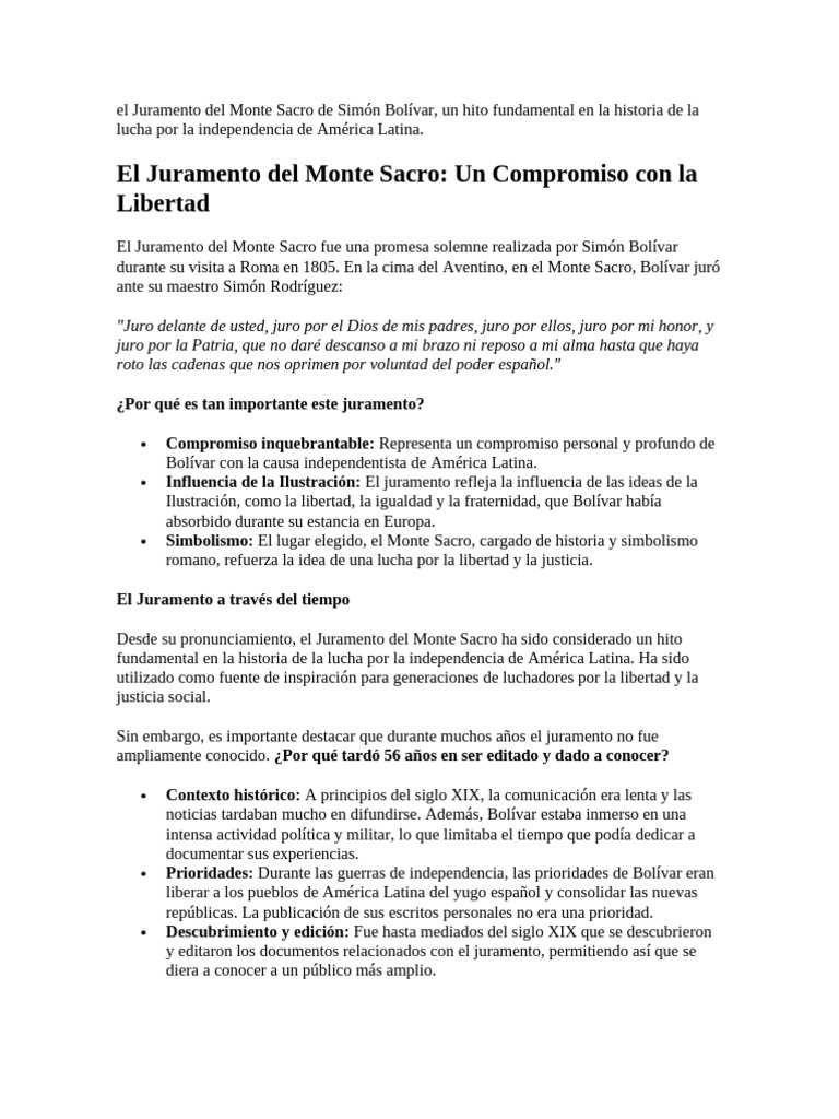 El Juramento Del Monte Sacro de Simón Bolívar | PDF | America latina ...