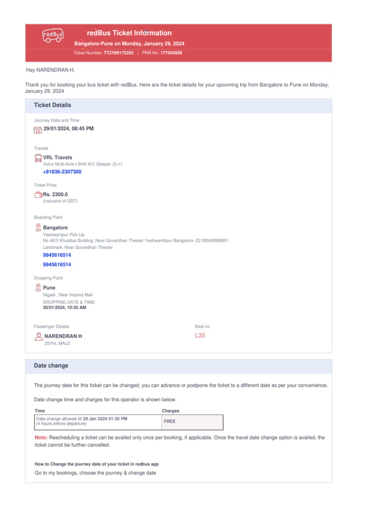 Bangalore to Pune Bus Ticket Details | PDF | Bus