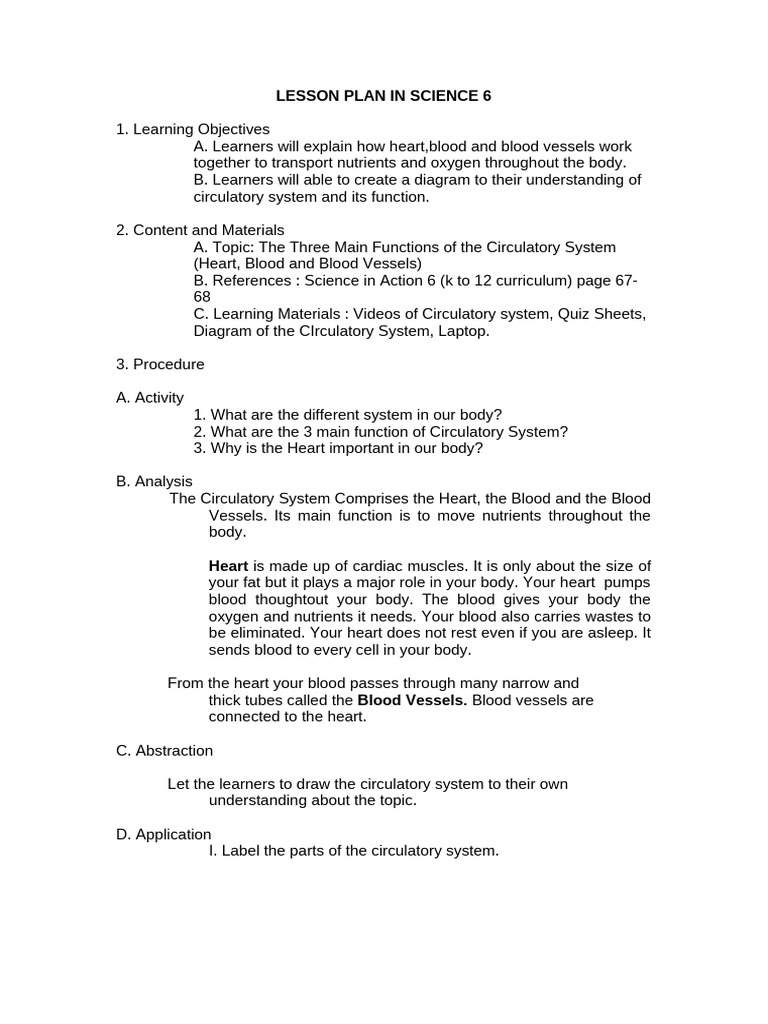 Circulatory System Lesson Plan for Grade 6 | PDF | Blood | Blood Vessel