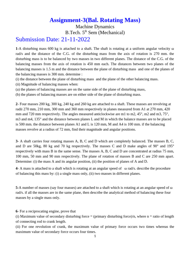Balancing Rotating Masses in Machine Dynamics | PDF | Rotation | Center ...
