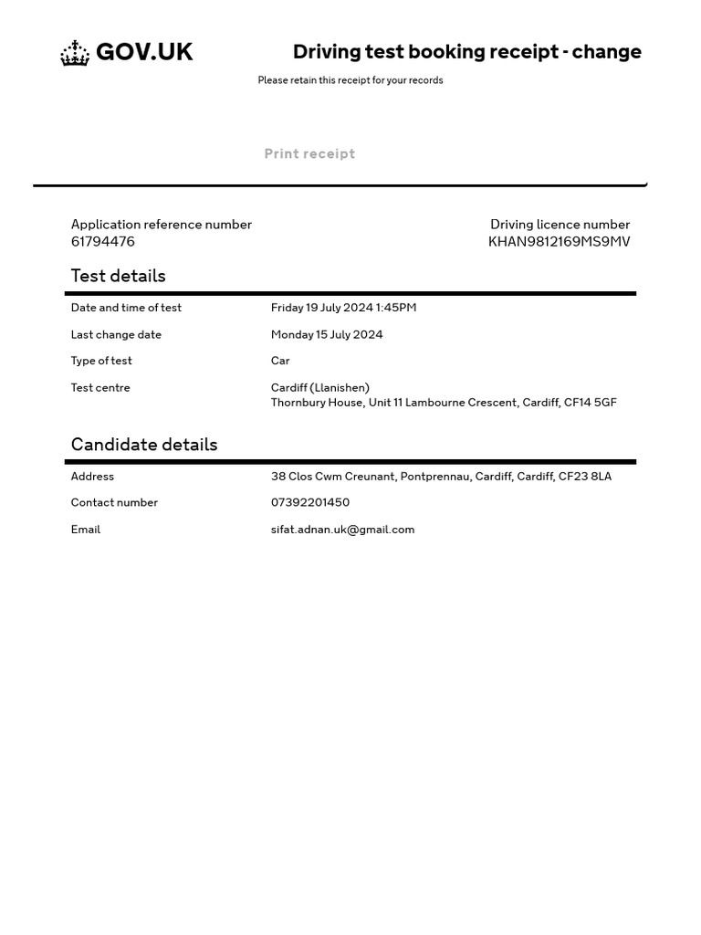 Driving Test Booking Receipt - Change Booking | PDF