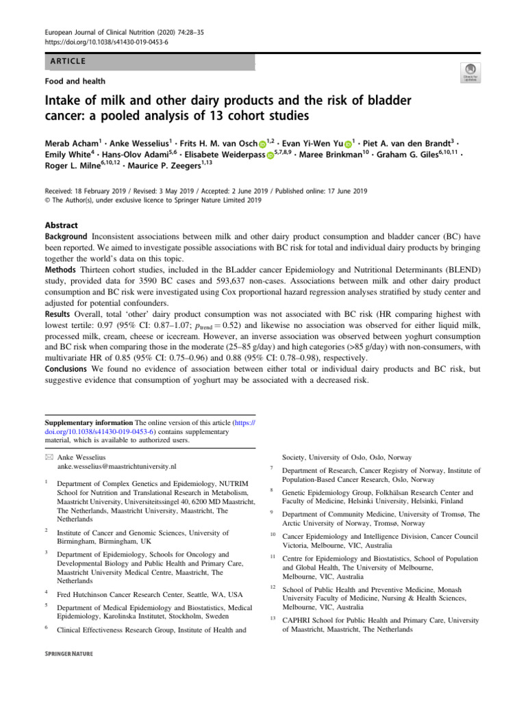 Intake of Milk and Other Dairy Products and The Risk of Bladder Cancer: A Pooled Analysis of 13 ...