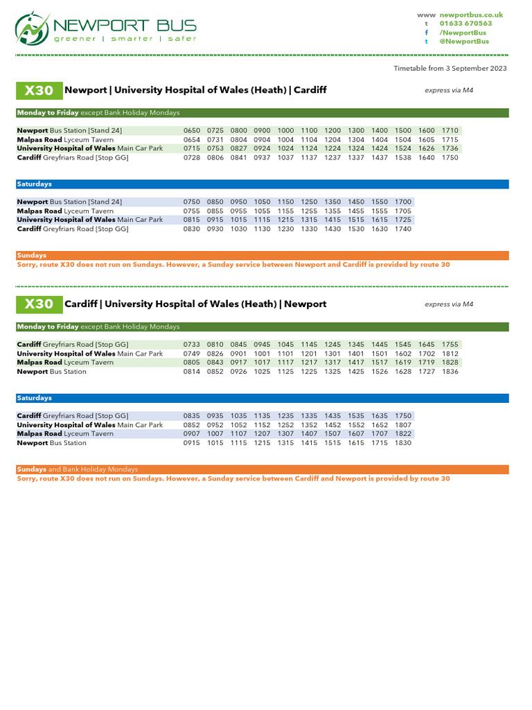 X30 Timetable 20230903 B4ef1511 | PDF | Bus Transport | Transport