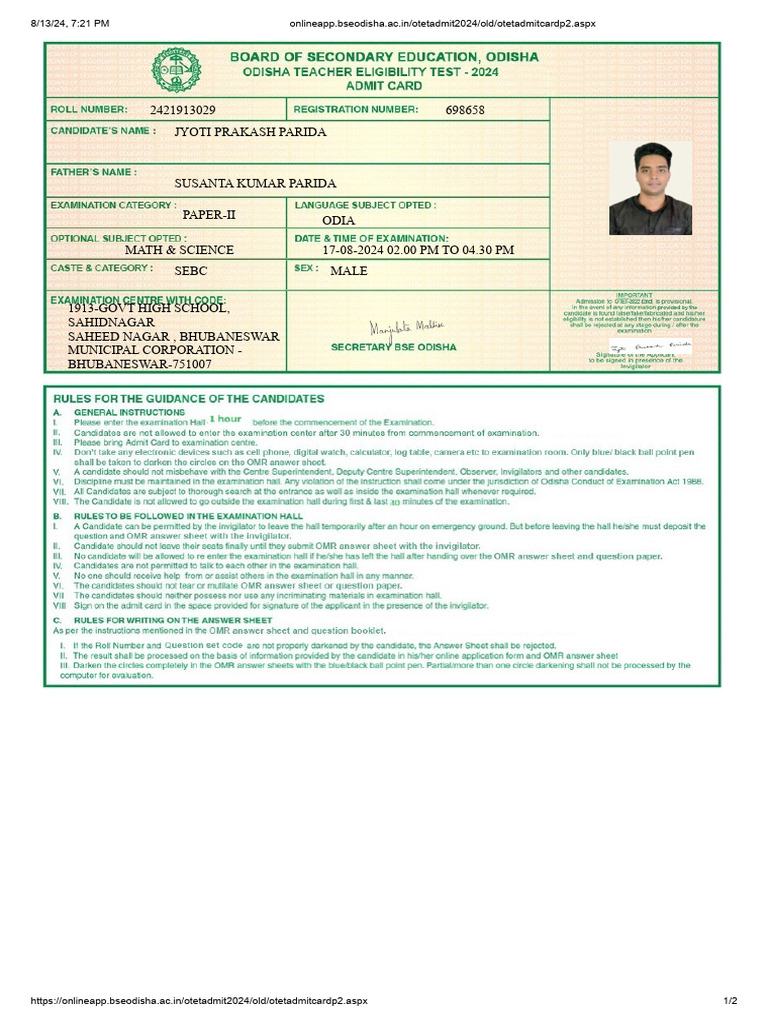 Onlineapp Bseodisha Ac in Otetadmit2024 Old Otetadmitcardp2 Aspx | PDF