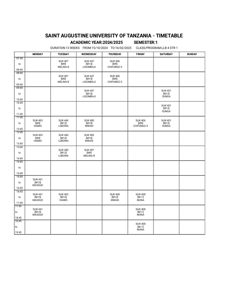 Llb4 Stream One Semister One Classes Timetable. | PDF