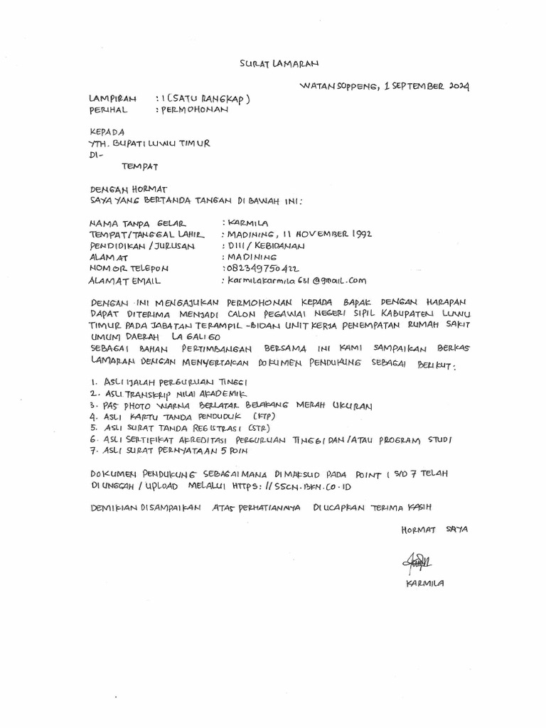 Surat Lamaran Karmila | PDF