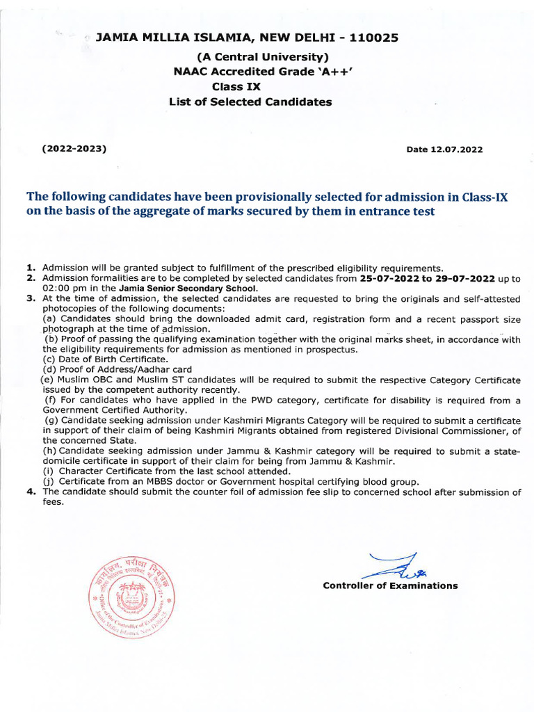 List of Selected Candidates Class Ix-Jamia Senior - 220713 - 013512 | PDF