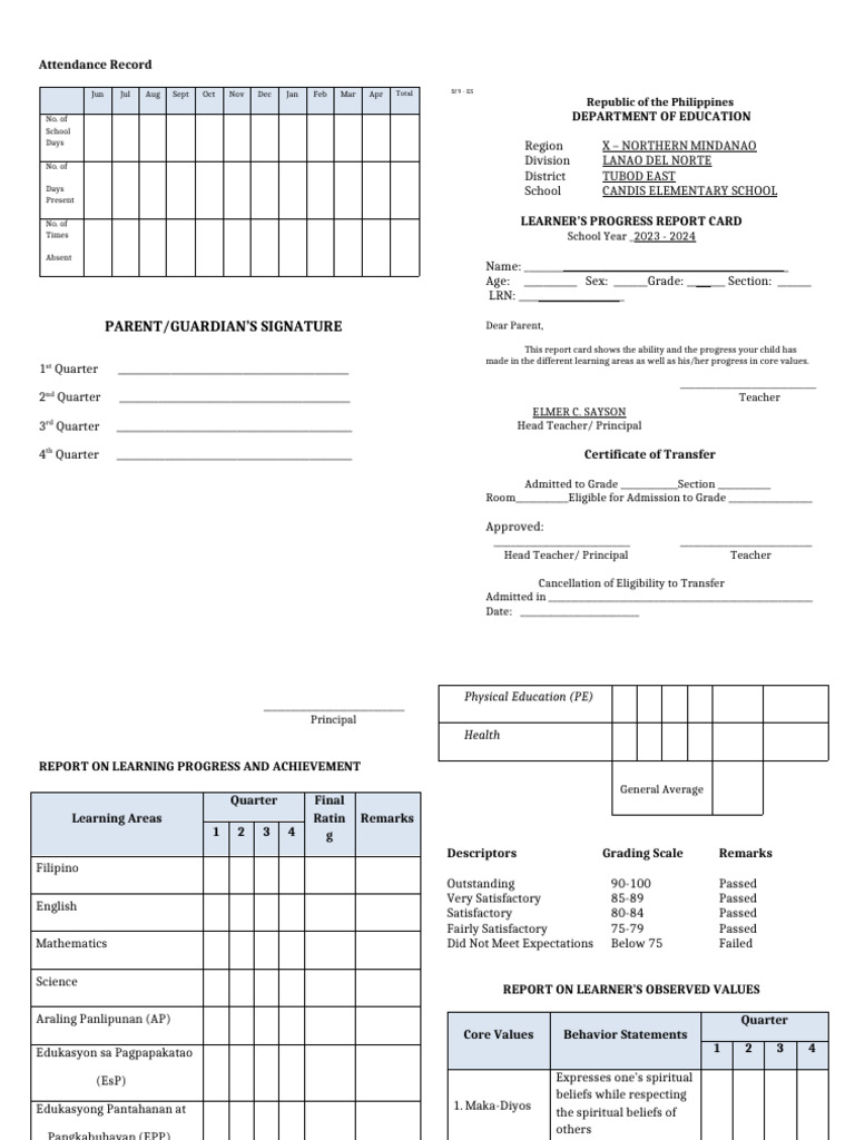 SF9 Learner's Progress Report 2023-24 | PDF | Teachers